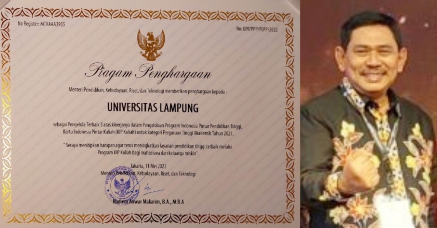 Unila Raih Anugerah Terbaik Ketiga Pengelolaan PIP 2021 - SMARTNEWS.ID